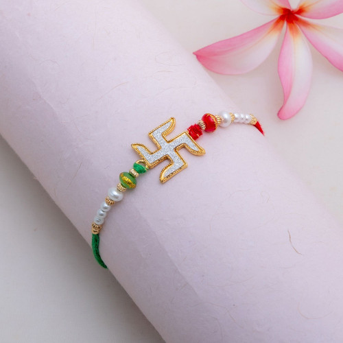 AD Studded Swastik Rakhi with Pearls and Beads - PRPL196